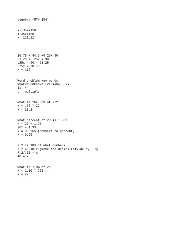 Mth 154 Notes 1 (Percents) | PDF