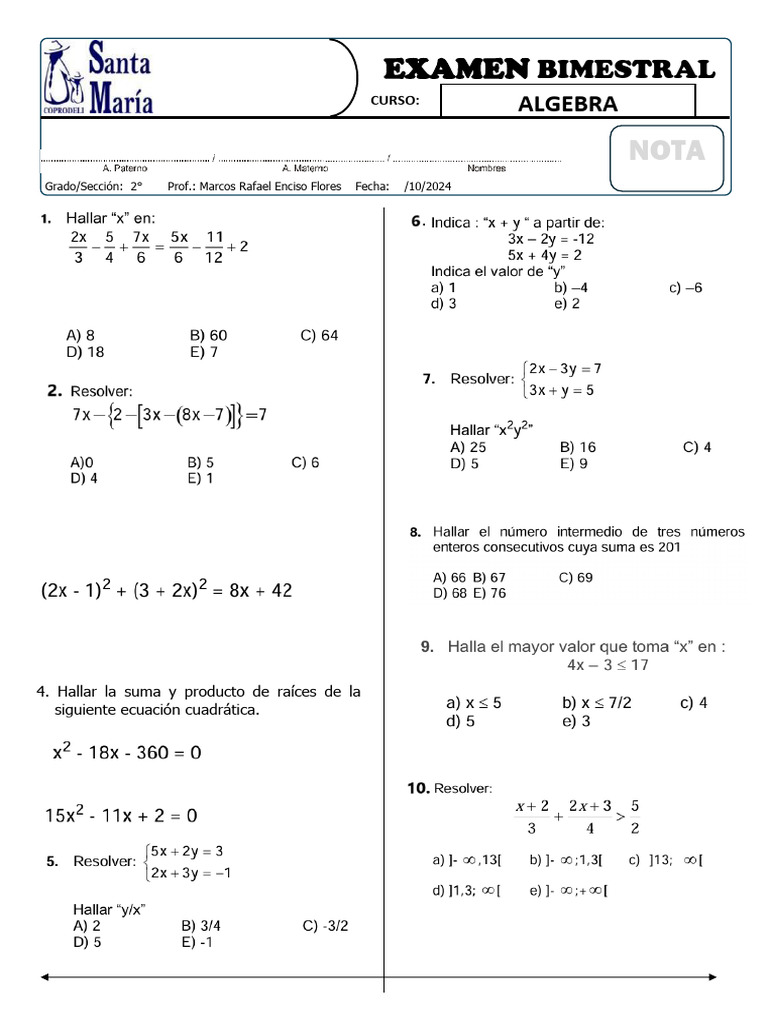 EXAMEN%20BIMESTRAL%20DEL%203ER%20BIMESTRE%202DO%20%C3%81LGEBRA | PDF