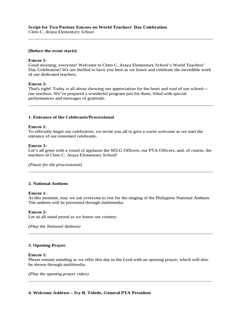 Script For Two Partner Emcees On World Teachers | PDF