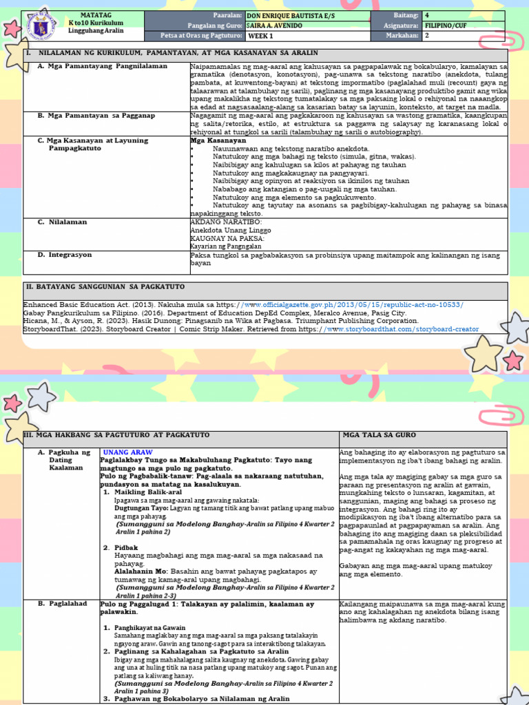 DLL Matatag - Filipino 4 Q2 W1 | PDF | Philippines