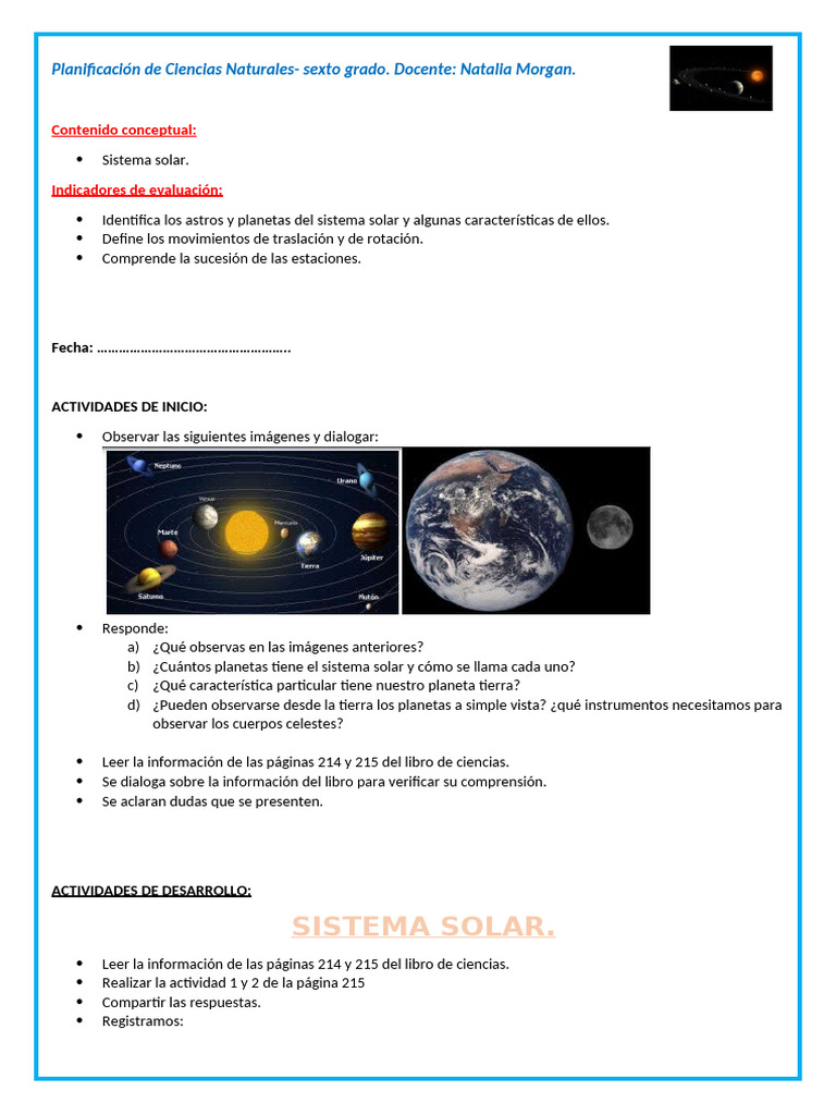 Planificación de Ciencias Naturales Sexto Sistema Solar | PDF | Sistema ...