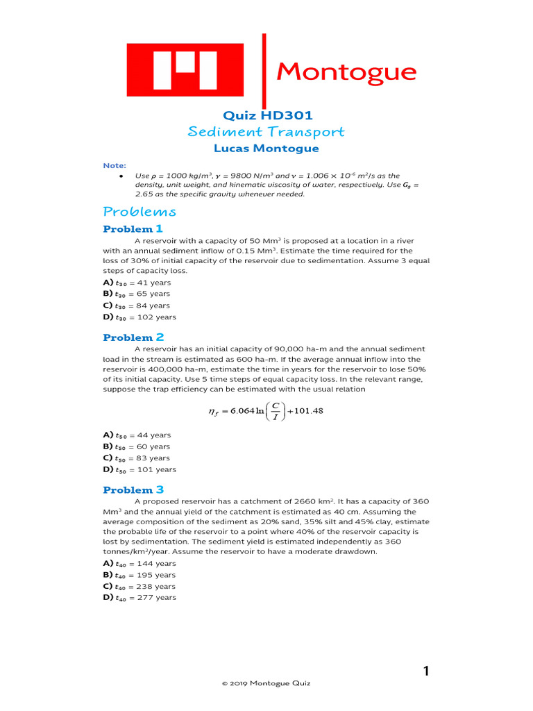 Sediment Transport Solved Problems | PDF