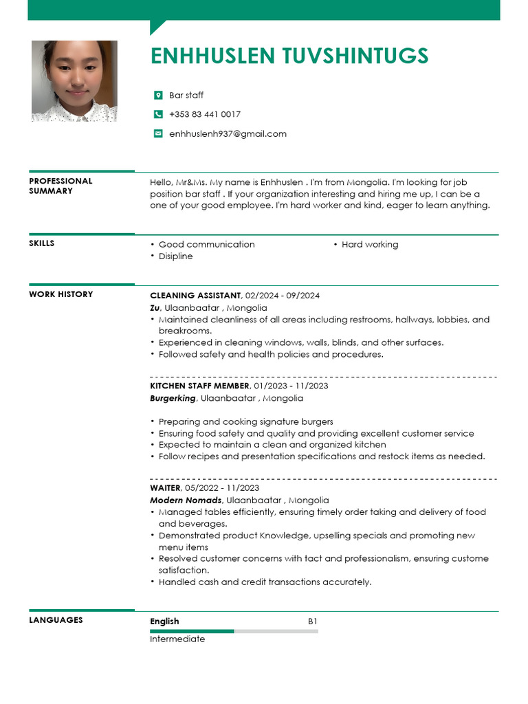 Enhhuslen Tuvshintugs CV 6 | PDF