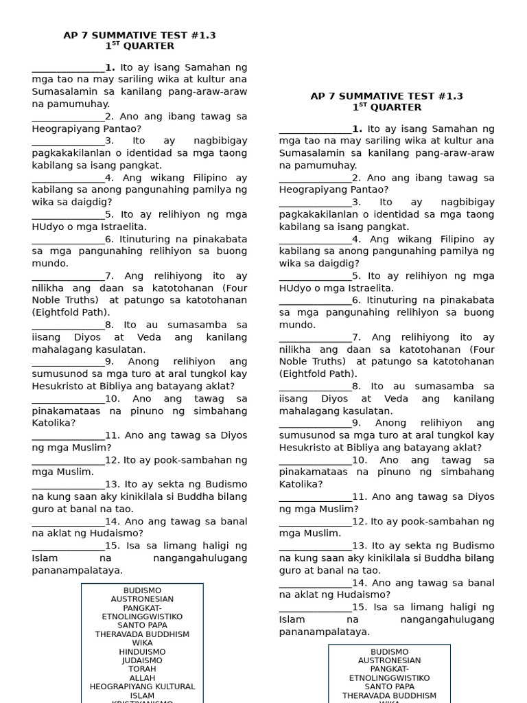 AP 7 - Summative Test Matatag - Q1 - W3 | PDF