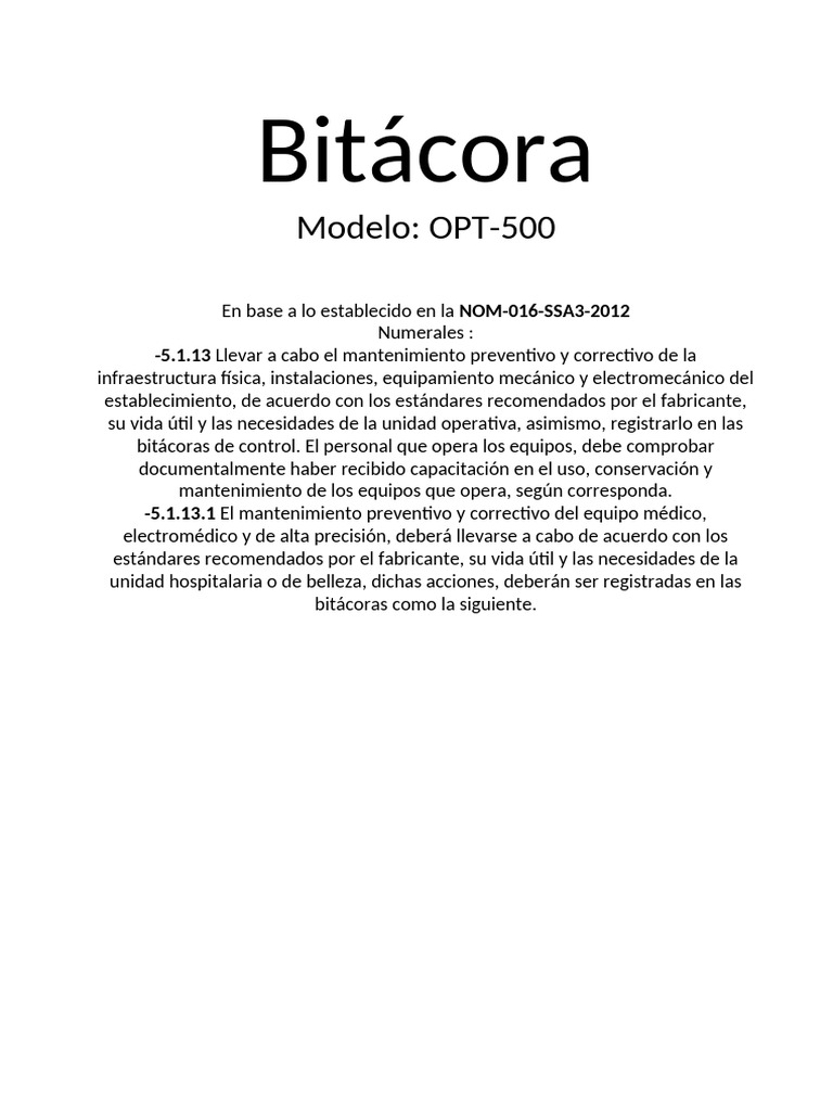 MANUAL IPL Bitácora OPT-500 | PDF