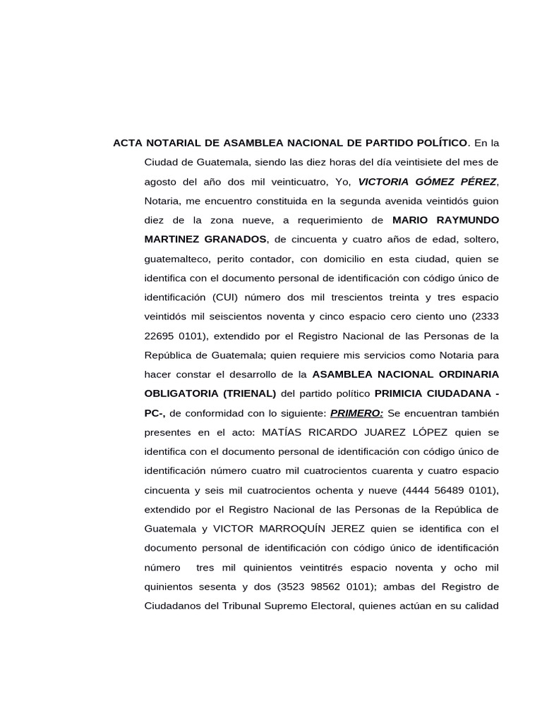 ACTA DE ASAMBLEA NACIONAL PARTIDO POLITICO | PDF