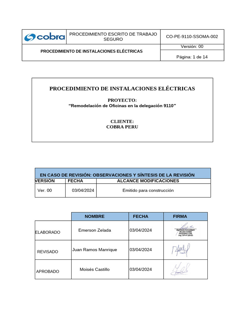 CO-PE-9110-SSOMA-004 - Procedimiento de Instalaciones Eléctricas v.00 | PDF