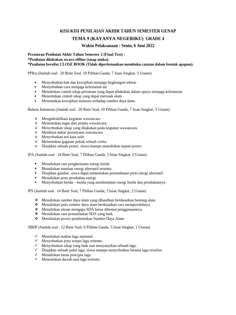 KISI- KISI PAT TEMA 9 GRADE 4 2022 | PDF