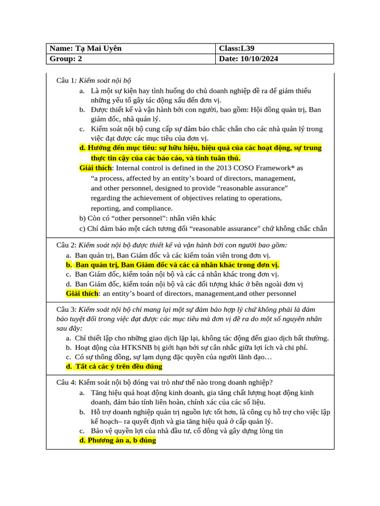 Review - Chapter 2 - Internal Control (TV) | PDF