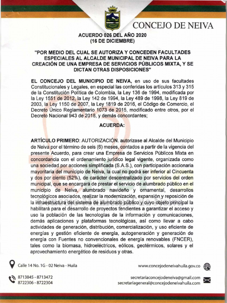 001 Acuerdo No. 026 Del 16-12-2020 Autorizacion Creacion SEM | PDF