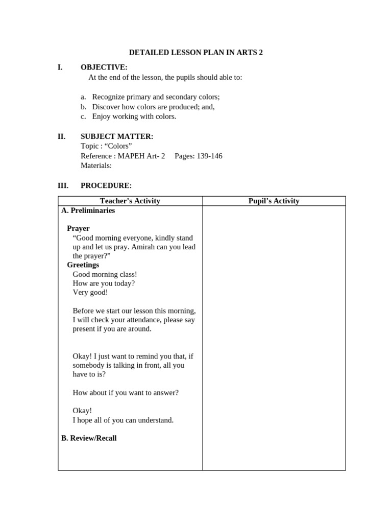 DETAILED LESSON PLAN IN ARTS GRADE 2 | PDF