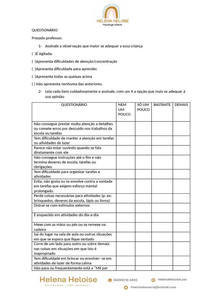 QUESTIONÁRIO TDAH PROFESSOR | PDF