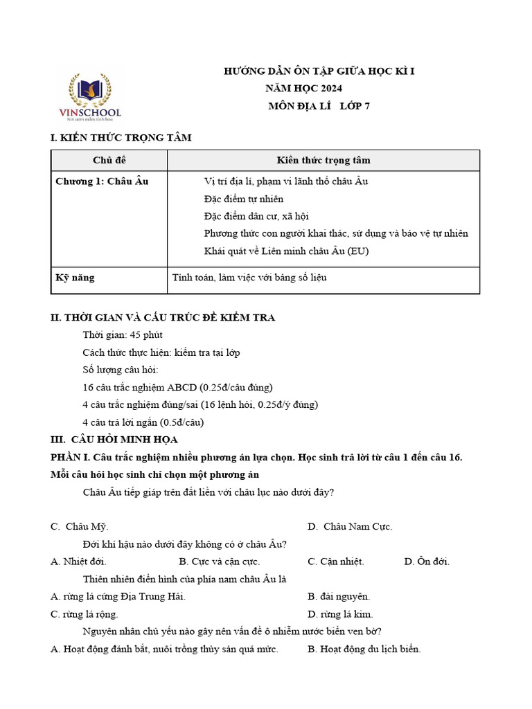 Địa Lí 7 - Hướng Dân Ôn Tập - GKI-1 | PDF