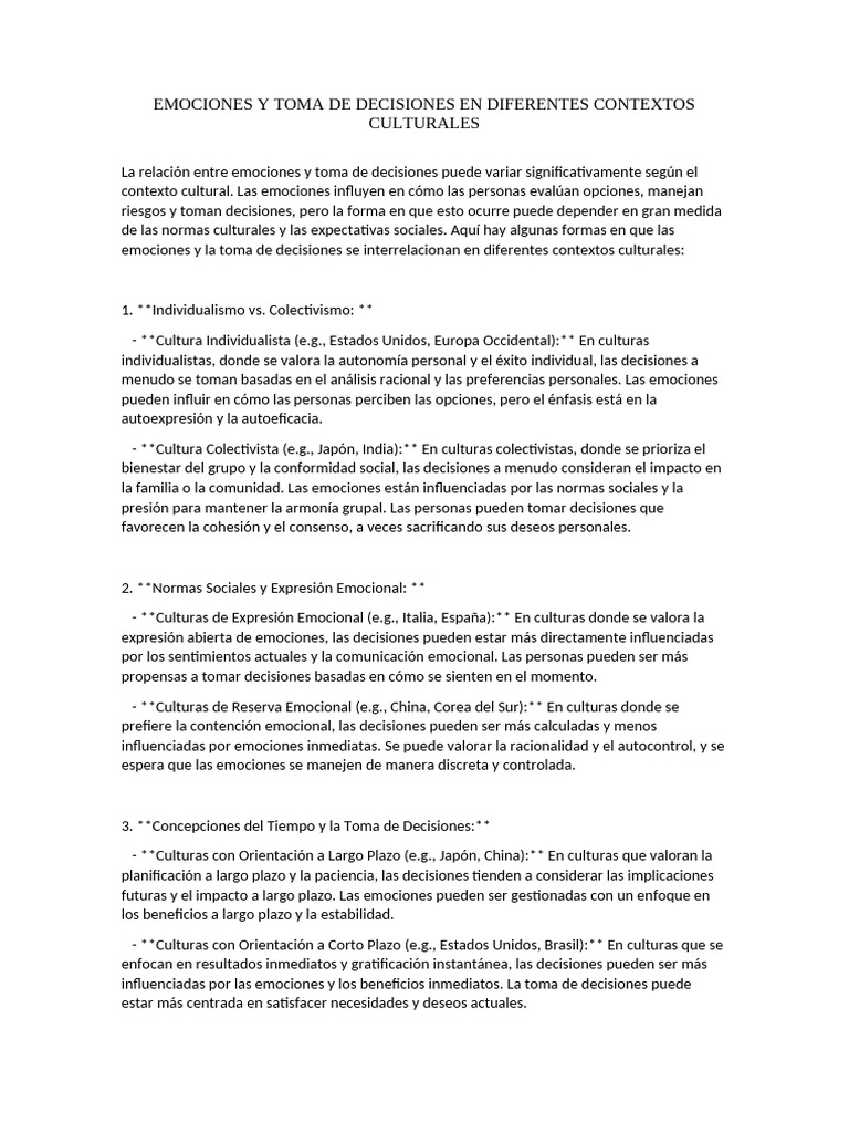 Emociones Y Toma De Decisiones En Diferentes Contextos Culturales Pdf
