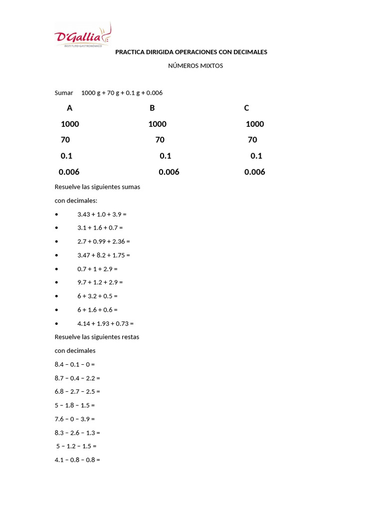 Practica Dirigida Operaciones Con Decimales | PDF