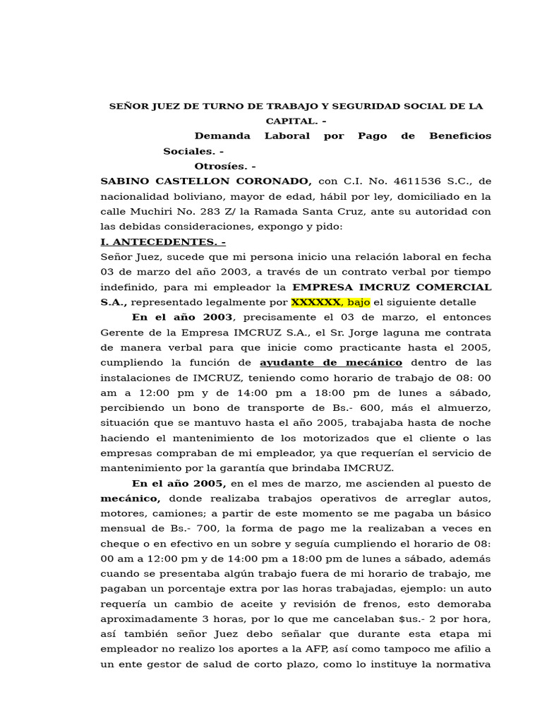 Demanda Laboral de Reintegro de Beneficios Sociales | PDF | Derecho laboral | Debido al proceso