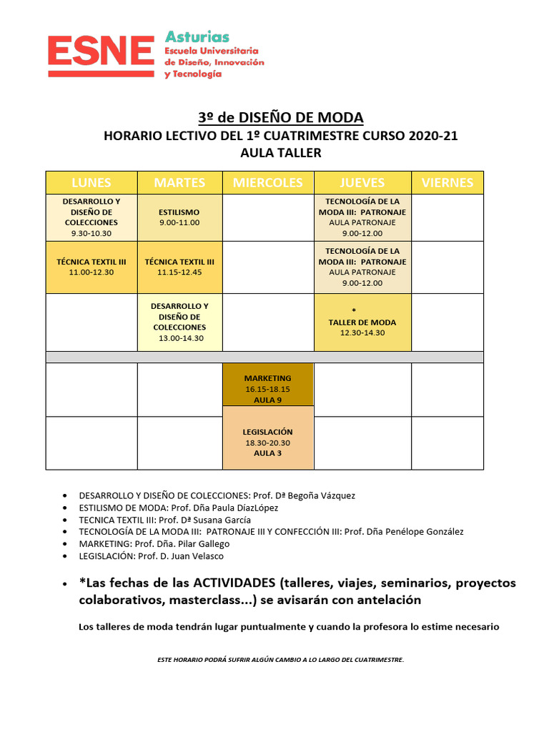 3º de Diseño de Moda: Horario Lectivo Del 1º Cuatrimestre Curso 2020-21 Aula Taller | PDF