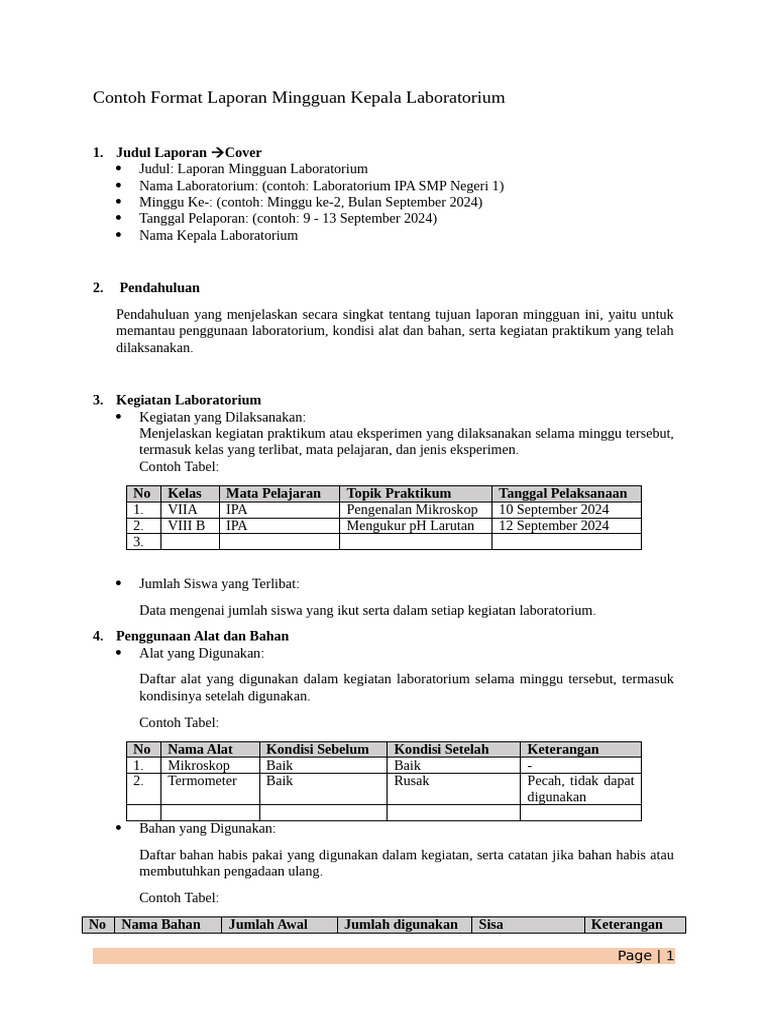 Contoh Laporan Mingguan Kepala Laboratorium | PDF