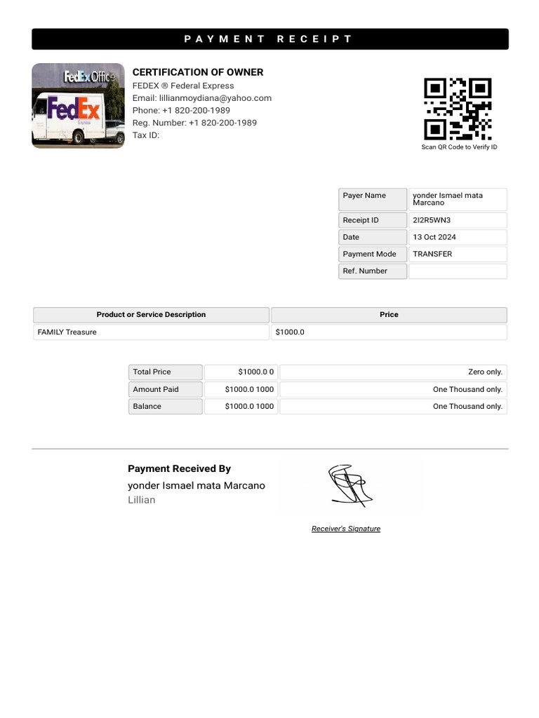 Certification of Owner: Payment Receipt | PDF