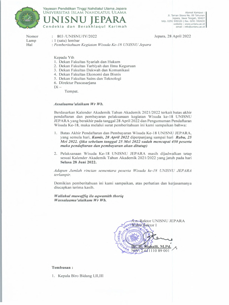 20220428_803_pemberitahuan Kegiatn Wisuda Ke -18 Unisnu Jepara | PDF