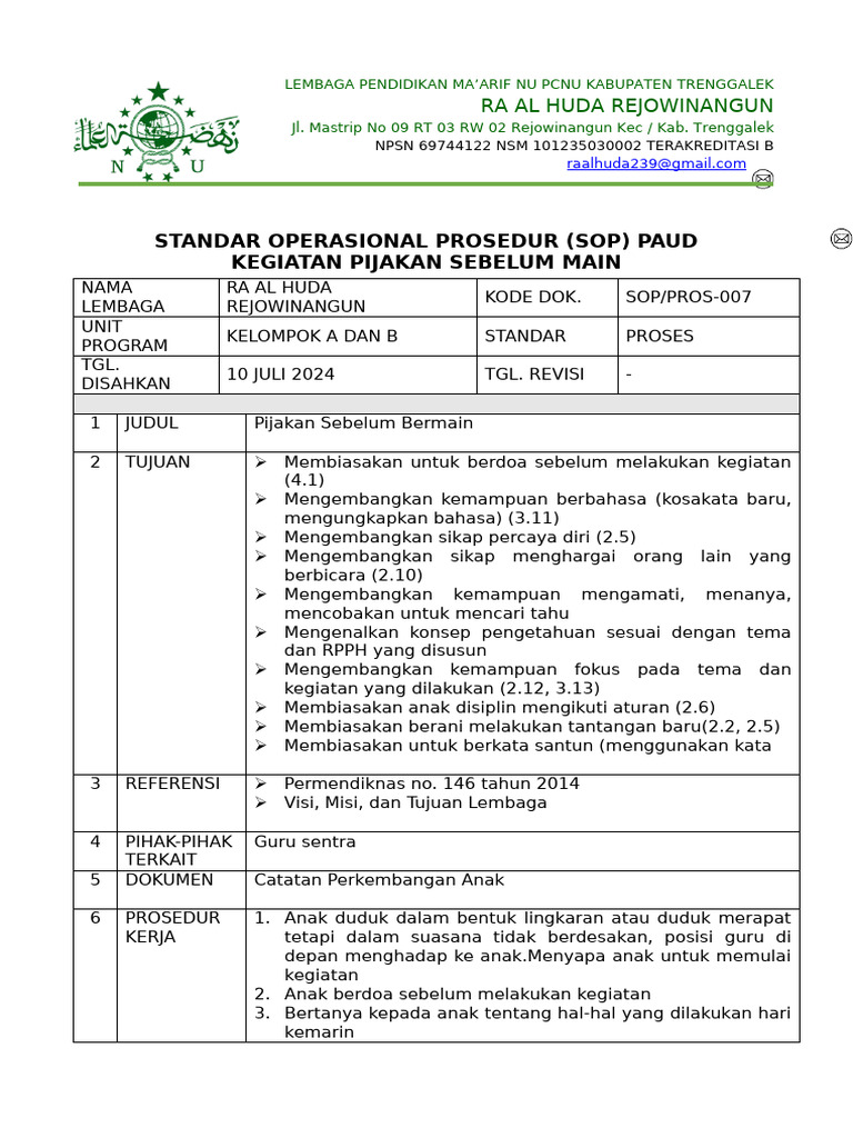 2024 7 Sop Paud Kegiatan Pijakan Sebelum Main | PDF