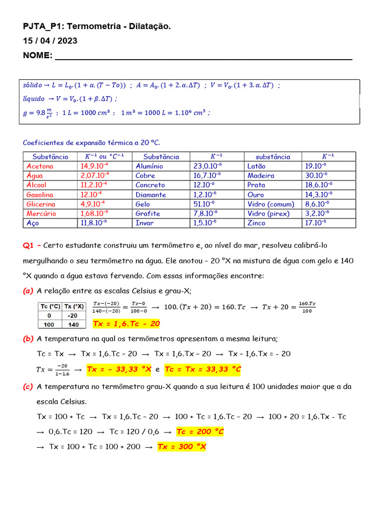 A08 - PJTA - 230415 - P1 - Termometria-Dilatação | PDF