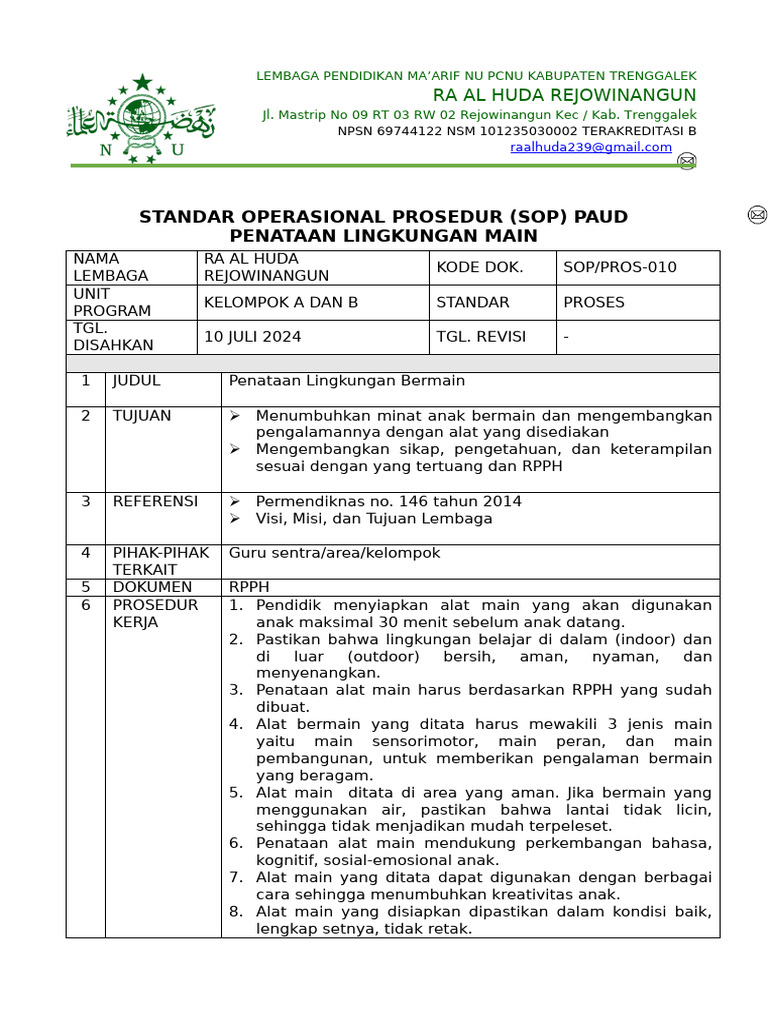 2024 10 Sop Paud Penataan Lingkungan Main | PDF
