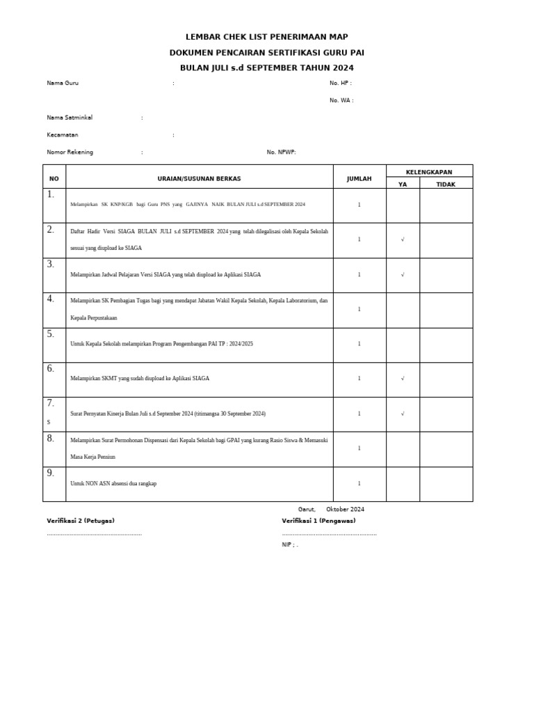 Lembar Ceklis Pemberkasan TPG Gpai Juli September THN 2024 | PDF