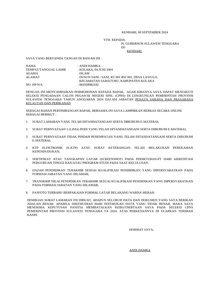 Surat Lamaran Andi Hamka | PDF