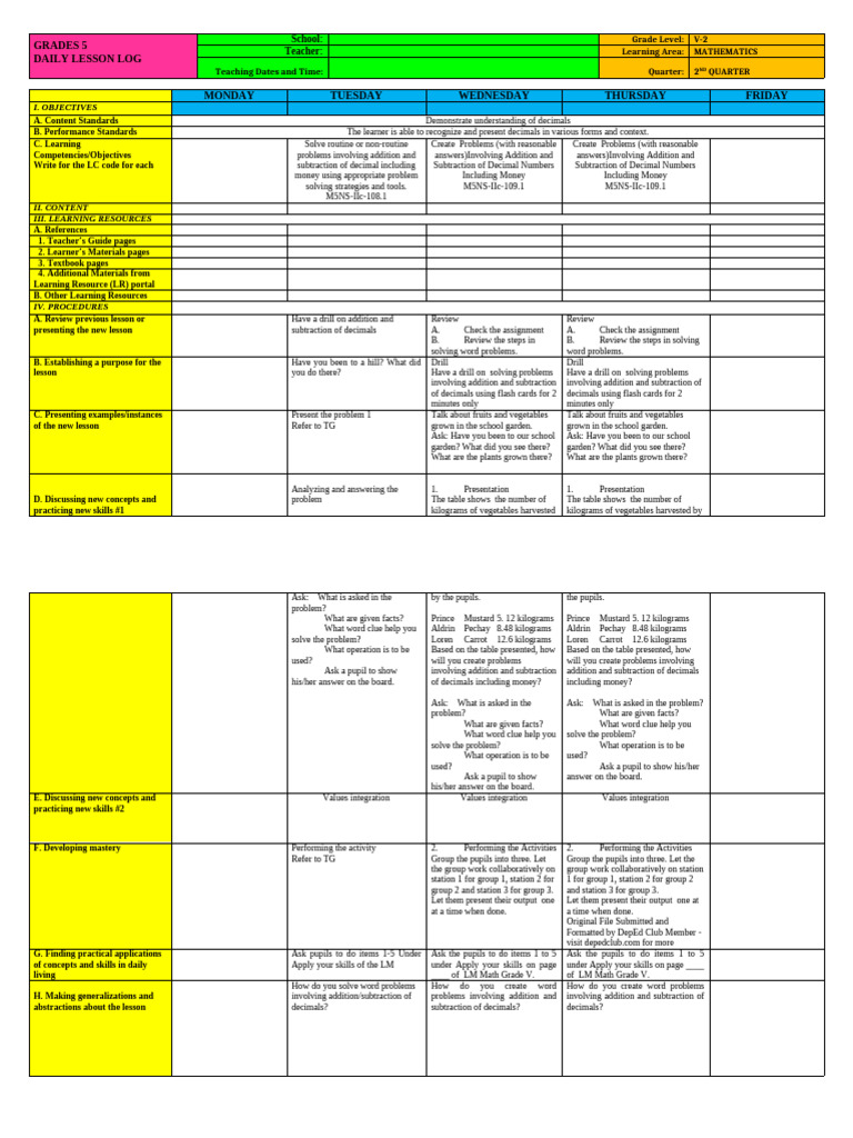 DLL - Mathematics 5 - Q2 - W3 | PDF | Learning | Teachers