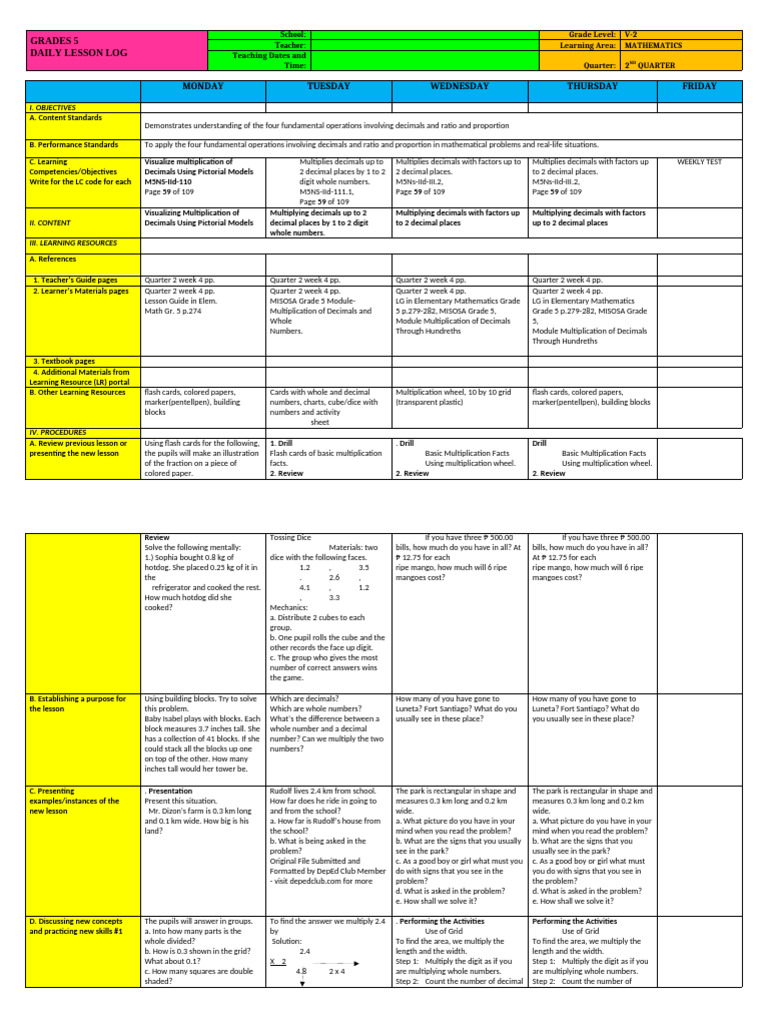 DLL - Mathematics 5 - Q2 - W4 | PDF | Multiplication | Numbers
