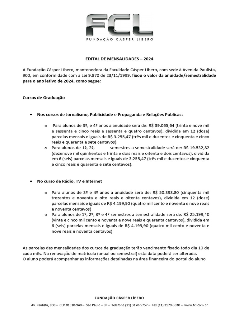 Edital de Valores de Mensalidade 2024 | PDF