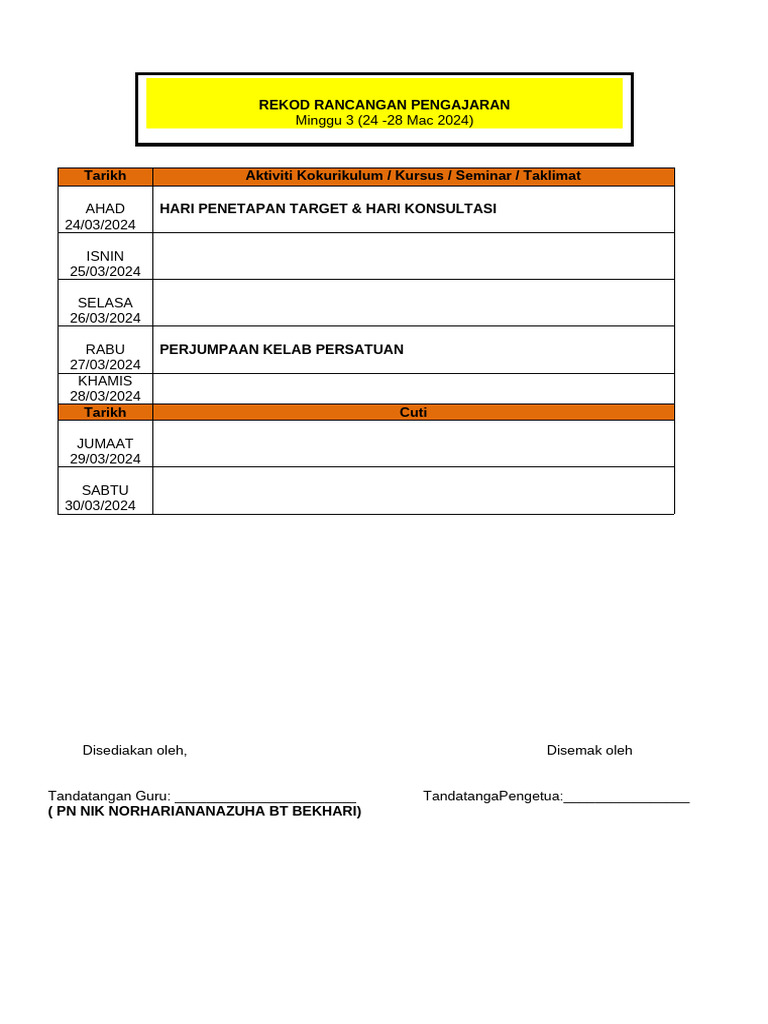 Rekod Rancangan Pengajaran | PDF