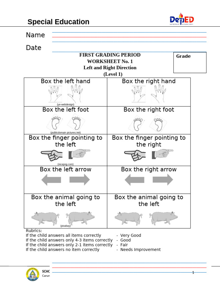 SPED QTR 1 Worksheet No. 1 Left and Right | PDF