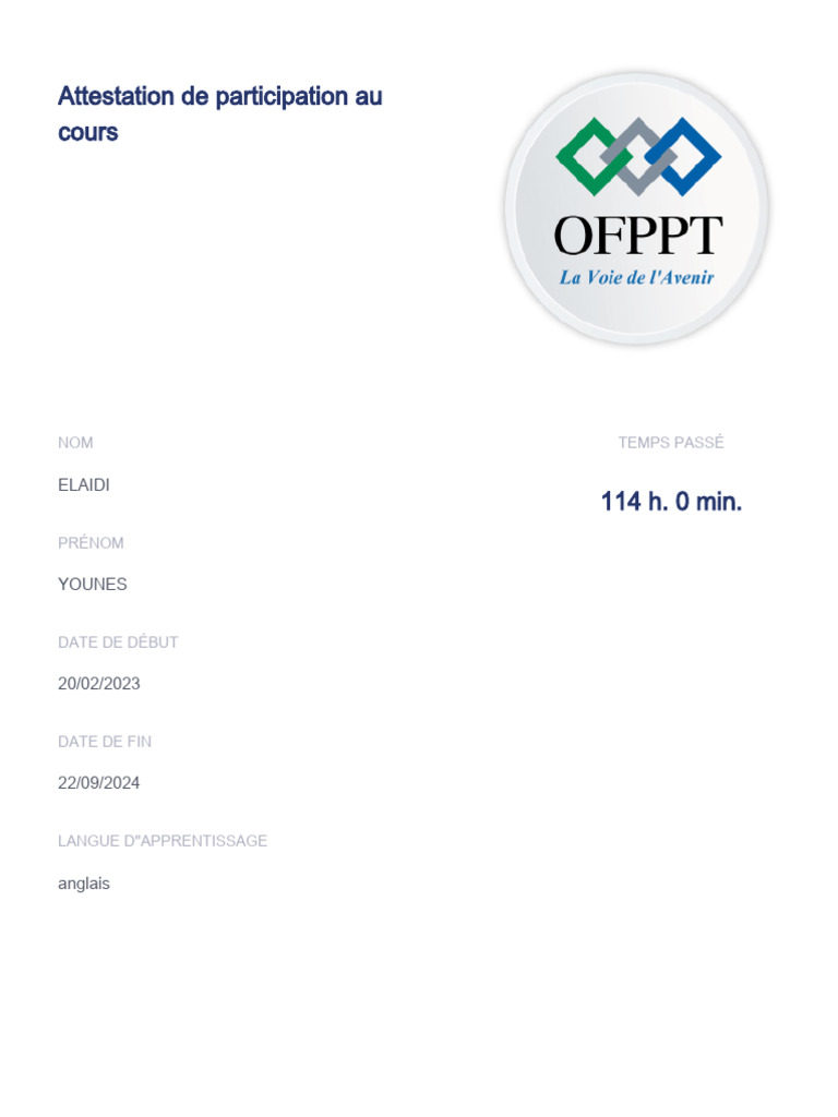 Attestation de Participation Au Cours | PDF Attestation de Participation Au Cours | PDF