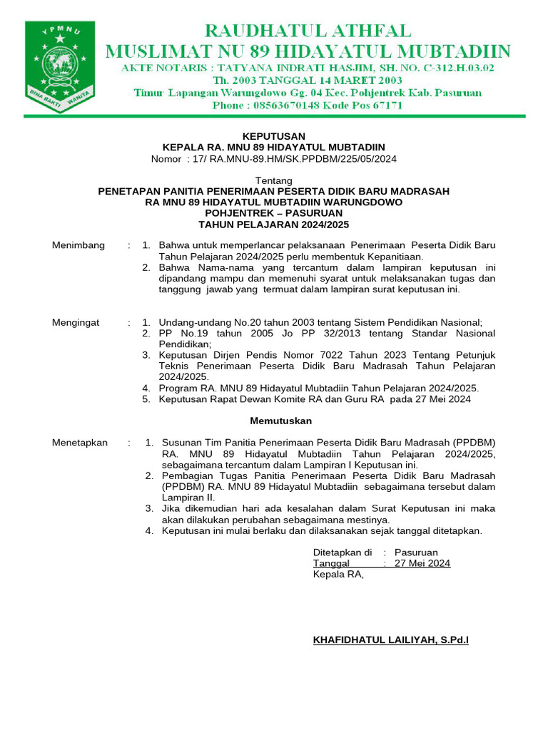 SK Panitia PPDB Ra 2024 | PDF