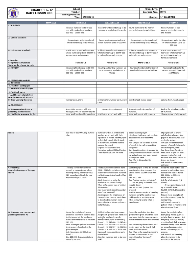 DLL - Math 5 - Q1 - W1 | PDF