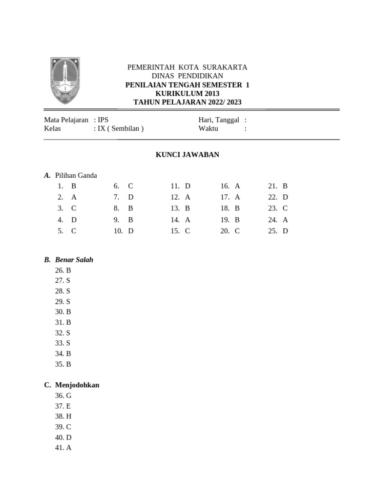 Kunci Jawaban Soal Utama PTS Ix | PDF