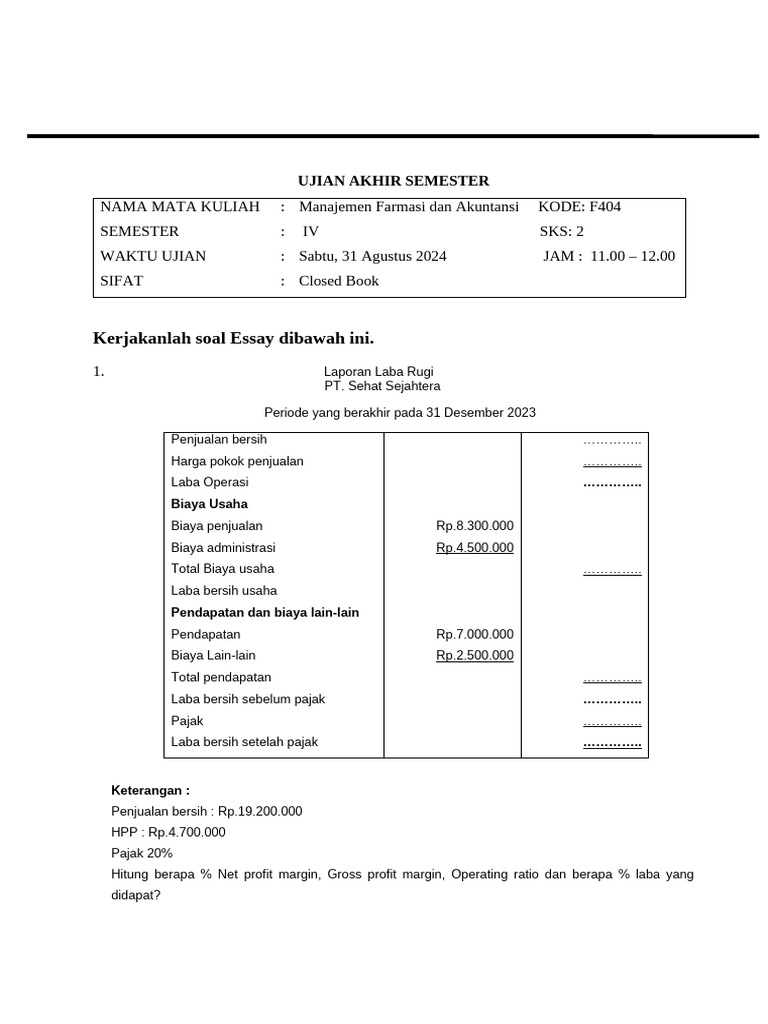 Soal Uas Manajemen Farmasi Dan Akuntansi Ta 2023-2024 F | PDF
