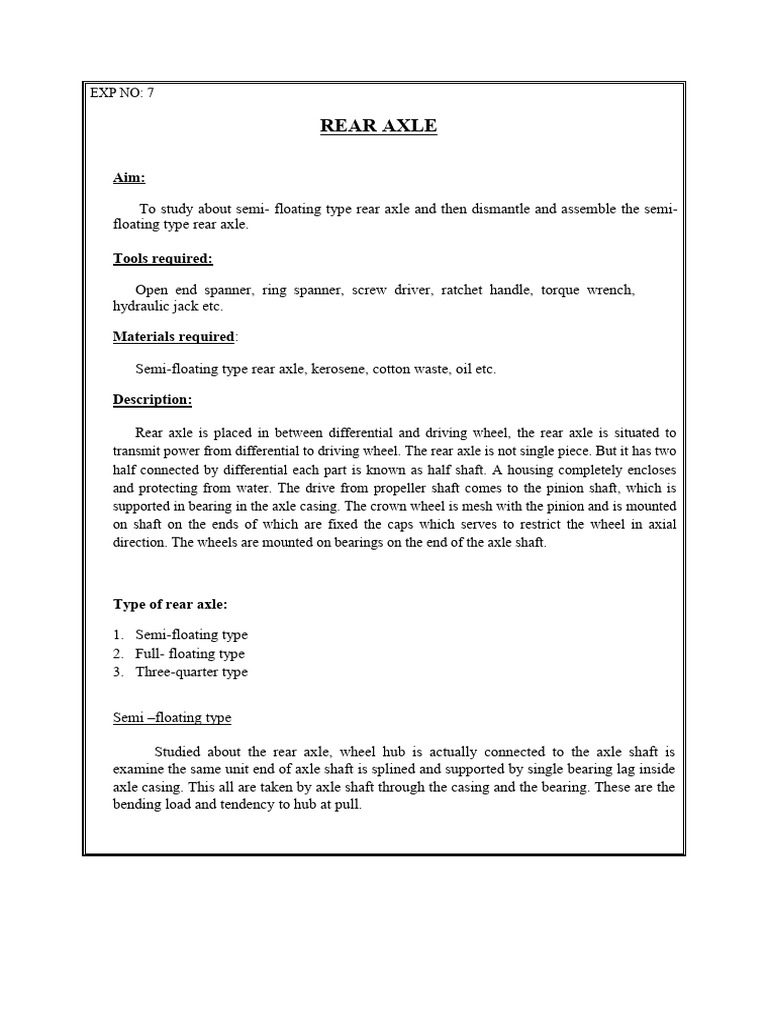 Rear Axle Lab Experiment | PDF