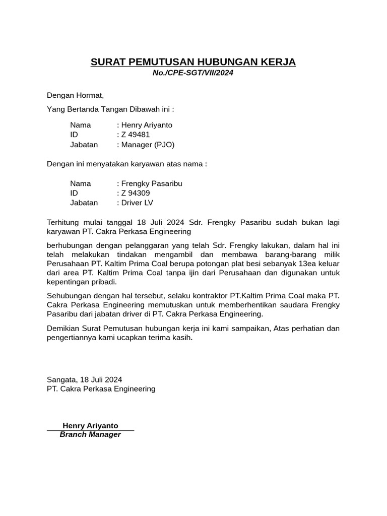 Surat Pemutusan Hubungan Kerja | PDF