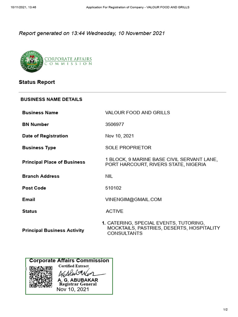 Application For Registration of Company - VALOUR FOOD and GRILLS | PDF