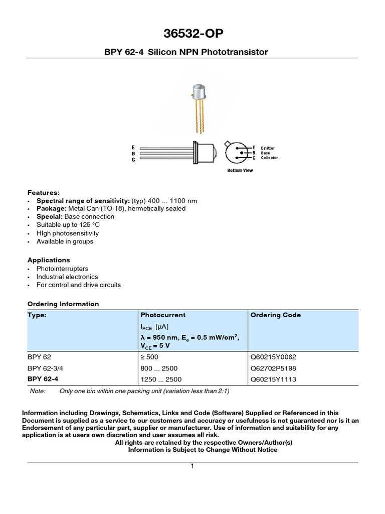 BPY 62-4 Silicon NPN Phototransistor: Features | PDF