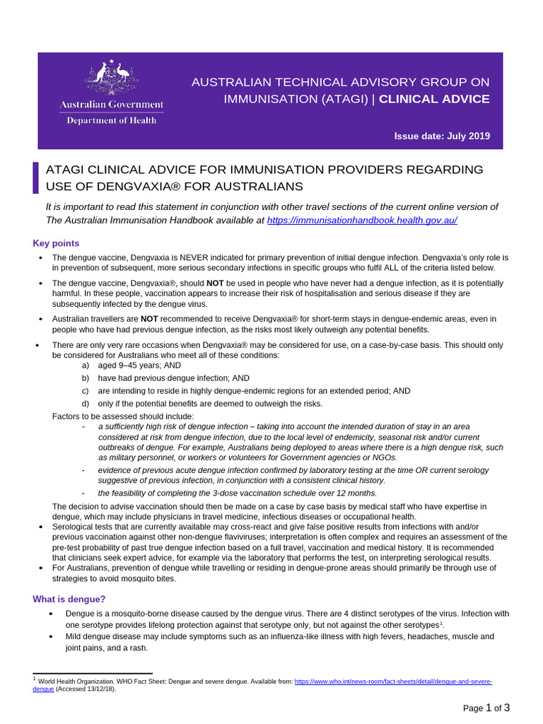 Atagi Advice On The Use of Dengvaxia For Australians | PDF | Immunology ...