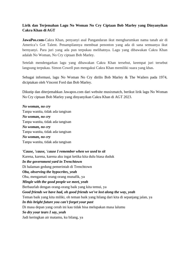 Lirik Dan Terjemahan Lagu No Woman No Cry Ciptaan Bob Marley Yang Dinyanyikan Cakra Khan Di AGT ...