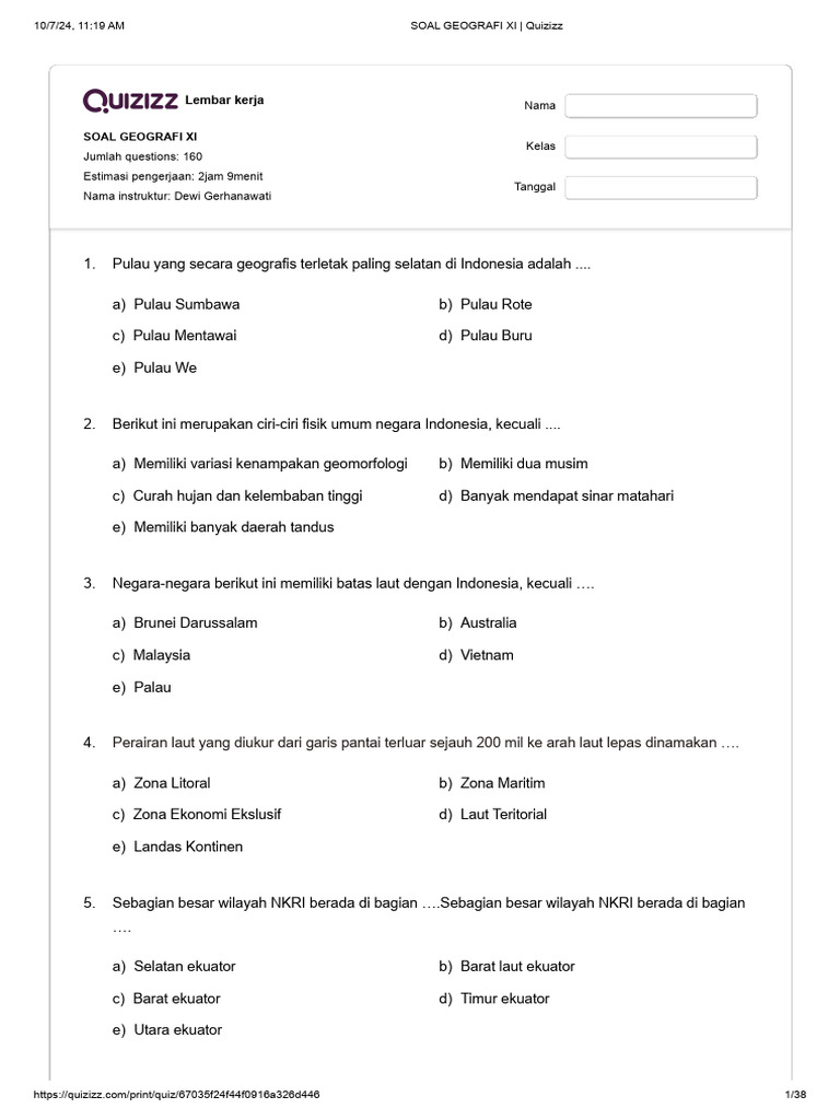 Soal Geografi Xi - Quizizz | PDF