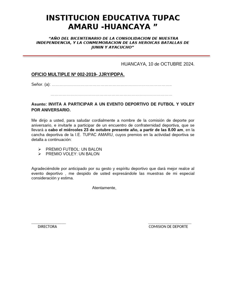Oficio Invitacion Deportiva | PDF