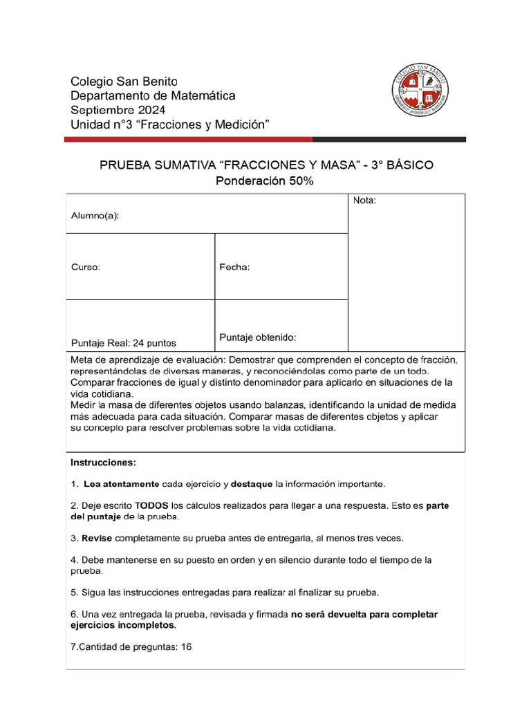 Prueba Sumativa "Fracciones y Masa" - 3° Básico | PDF