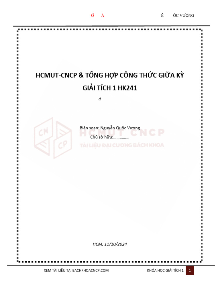 File Tổng Hợp công thức lý thuyết giữa kỳ giải tích 1 HK241 | PDF
