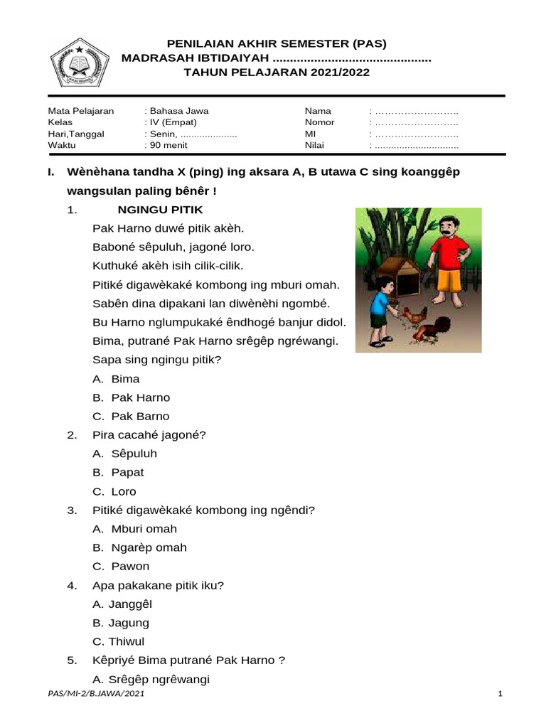 Soal Pas Ganjil Kelas 2 Tahun Pelajaran 2021-2022 | PDF